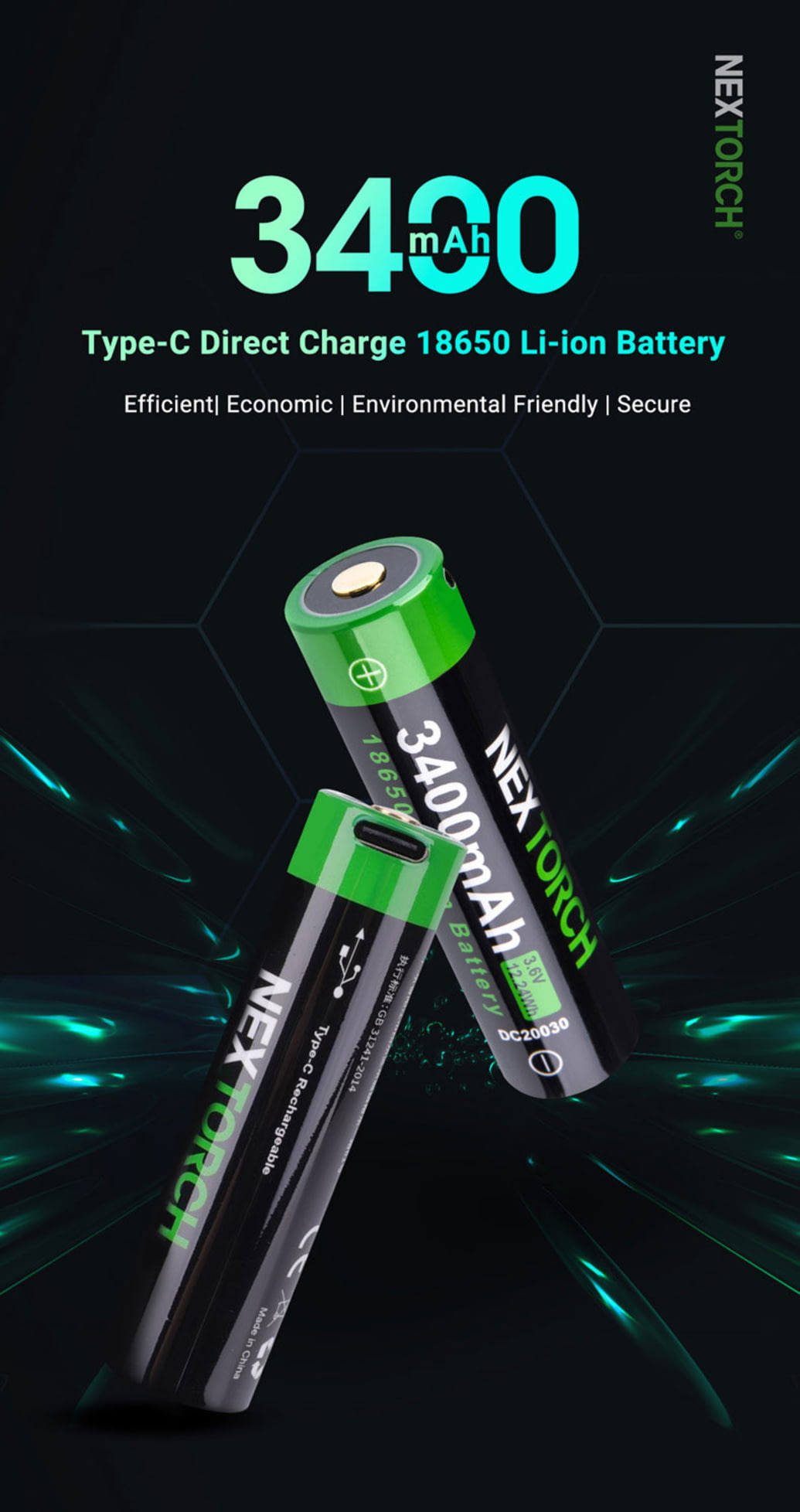 Nextorch 18650 USB-C Direct Recharge Battery BW20029. Nextorch Batteries.